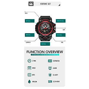 KXAITO Men's Watches Sports Outdoor Waterproof Military Watch Date Multi Function Tactics LED Face Alarm Stopwatch for men 3169 (Red_Band)