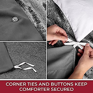 Mellanni Velvet King Duvet Cover Set - Fade, Stain, Shrink, and Wrinkle Resistant - King Gray Comforter Cover Set - 8 Ties & Hidden Button Closure - Duvet Cover with 2 Pillow Shams (King, Gray)