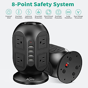 Power Strip Tower with USB Ports, AiJoy Surge Protector with 8 AC Outlets and 4 USB Ports, Fast Charging Station with Extension Cord 10FT, Office Supplies & Dorm Essentials