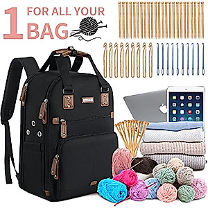 Crochet Bag, Knitting Bag Backpack and Totes Organizer with USB Charging Port, Large Yarn Storage Tote Bag Yarn Holder Case for Carrying Projects, Knitting Needles, Crochet Hooks,fits 15.6 inch Laptop