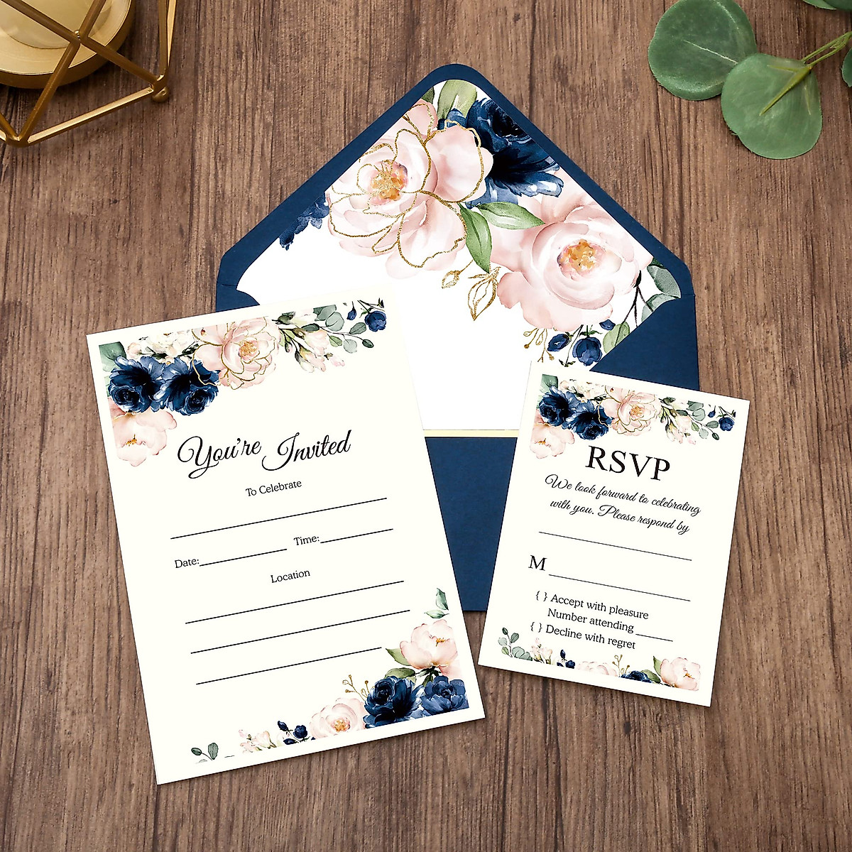 DORIS HOME 25pcs Blue Fill-in Wedding Invitations with Envelopes and RSVP Cards with Pink Rose and Envelope with Gold Border for Engagement/Quinceanera/Bridal Shower/Anniversary