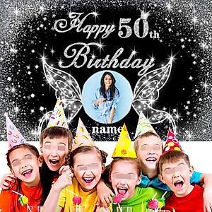 Custom Happy 50th Birthday Party Decoration Banner - Angel Wings Theme - Black and Silver