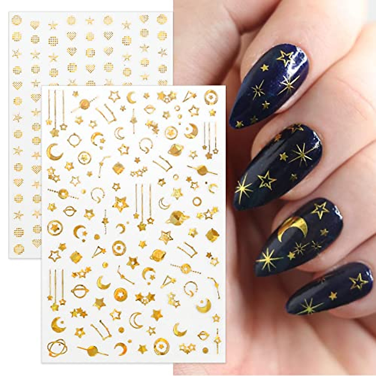 TailaiMei 12 Sheets Gold Moon Star Nail Stickers, 3D Metallic Laser Self-Adhesive Nail Art Decals for Women Manicure DIY or Nail Salon(1000Pcs)