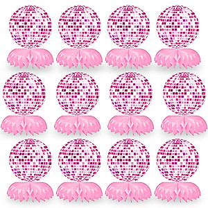 12 PCS Disco Party Decorations, Pink Disco Table Honeycomb Centerpieces Flat Disco Ball Centerpieces for Party Table Disco Ball Decor for Western Cowgirl Birthday Bachelorette Bridal Shower Supplies