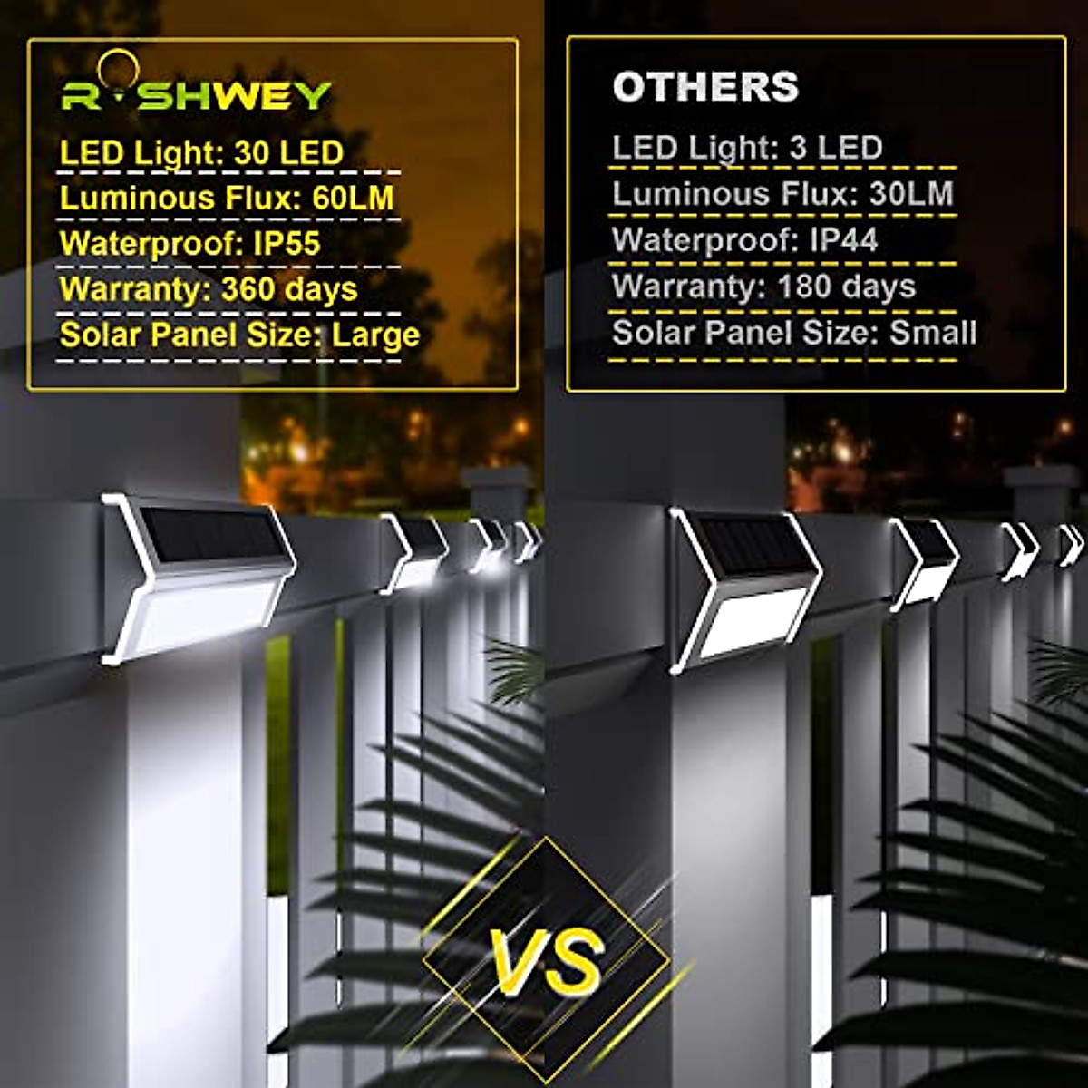 ROSHWEY Solar Step Lights Outdoor 4 Pack 30 LED Stainless Steel Outside Solar Lights Waterproof Fence Lights for Garden Patio Pathway Walkway, Cool White Light