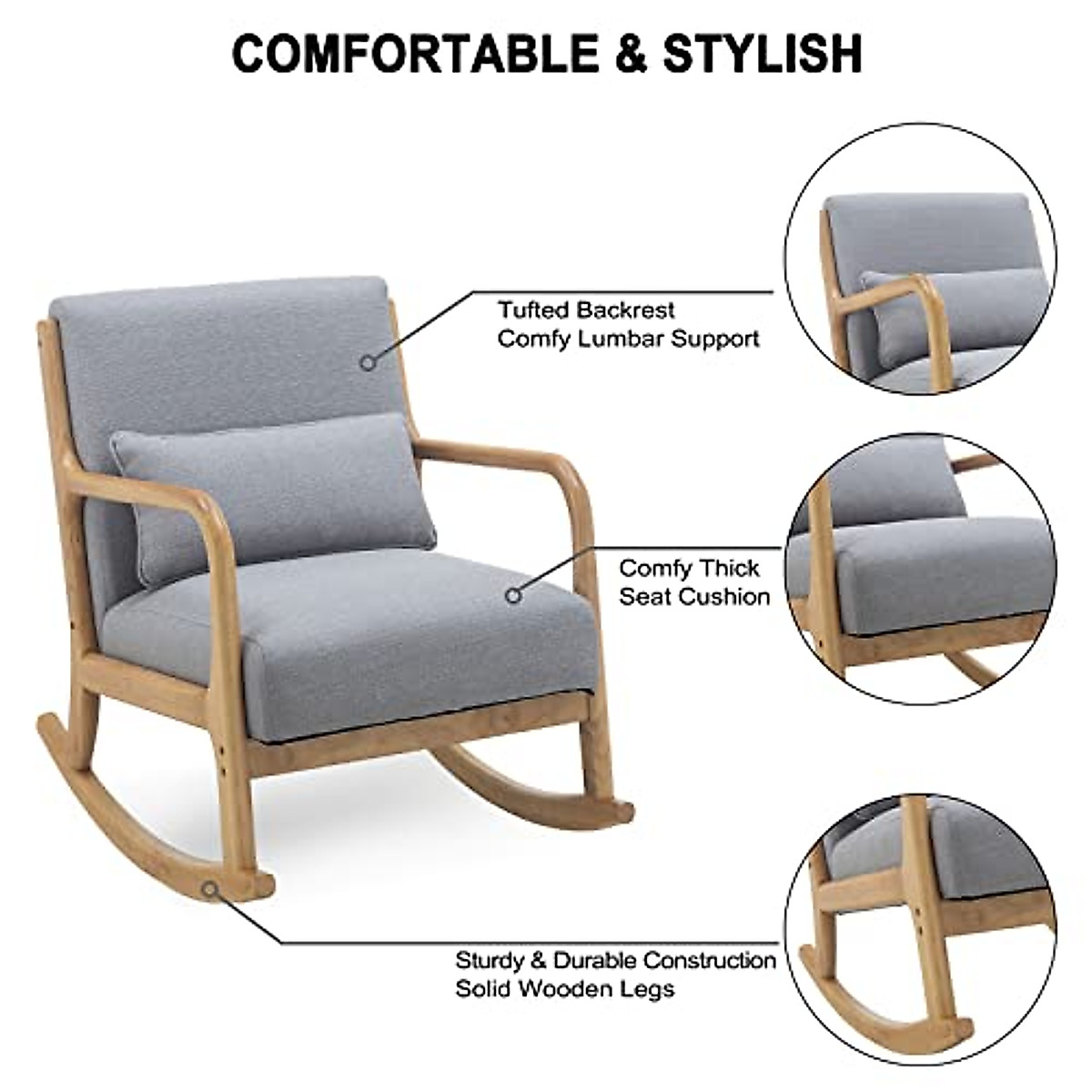 Artechworks Rocking Accent Chair Uplostered Mordern Nursery Fabic Glider Rocker Lounge Arm Chair with Padded Seat Wood Base for Adults Living Room Bedroom Balcony with Pillow, Grey