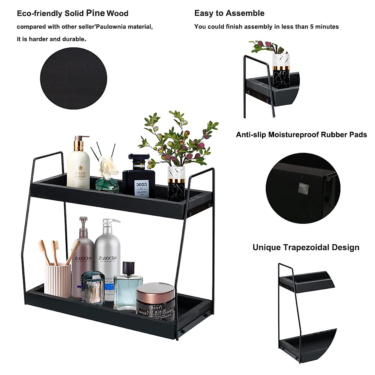 AfooBezos 2 Tier Bathroom Organizer Countertop, Pine Wood Bathroom Sink Tray for Counter Storage Shelf, Vanity Tray for Perfume Lotion Cosmetic Spice Rack for Kitchen Counter (Black)