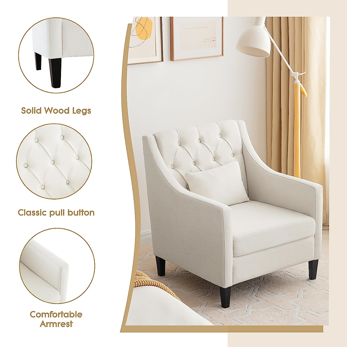 HUIMO Upholstered Living Room Chairs,Accent Chair with Solid Wood Frame,Reading Chair for Bedroom,Tufted Armchair,Mid Century Sofa Chair,Comfy Club Chair for Living Room (Beige)