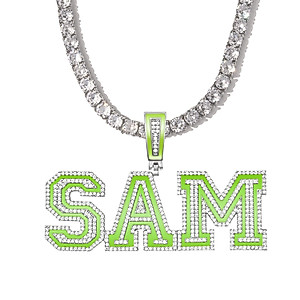 Glow in the Dark Name Necklace with Iced Out Chains, Custom Necklaces for Man And Women, Hip Hop 14k Real Gold Plated Jewelry, Personalized Luminous Initial Letter Pendant with Rope Chain/Tennis Chain (Green/Silver)