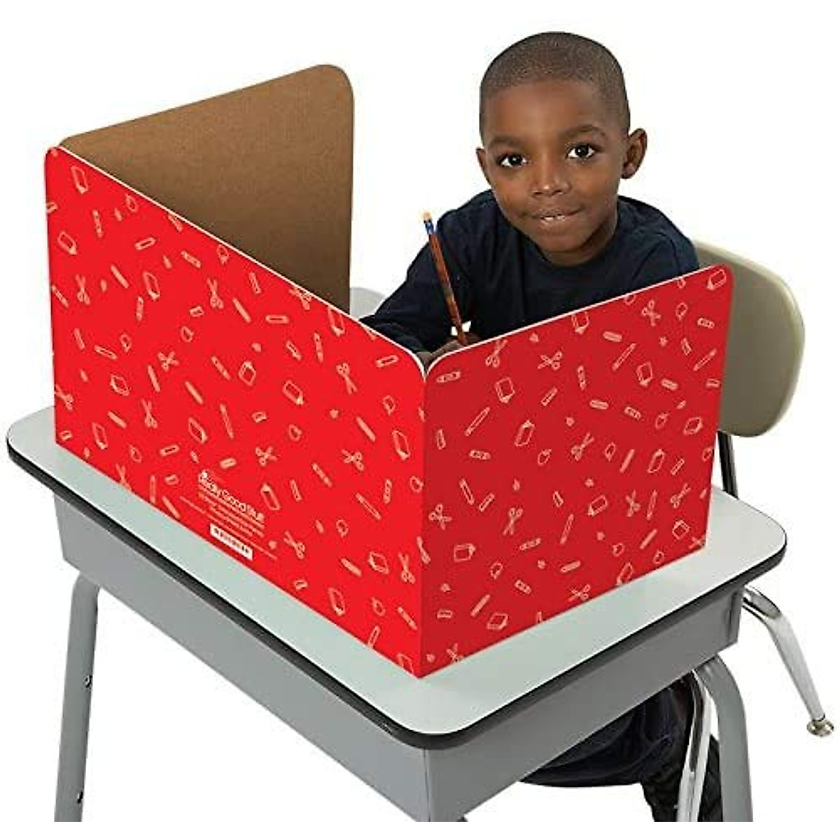 Really Good Stuff Standard Privacy Shields for Student Desks – Set of 12 - Matte - Study Carrel Reduces Distractions - Keep Eyes From Wandering During Tests , Red With School Supplies Pattern