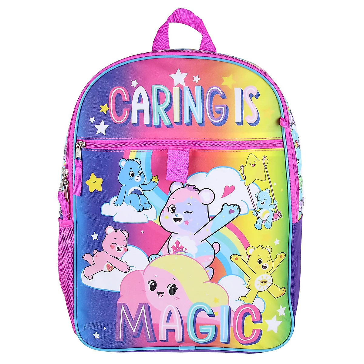 Carebears Caring Is Magic 16" Backpack Lunch Tote Water Bottle Sticker Set 5 Pc Mega Set