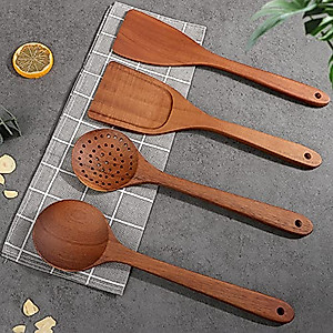 Acacia Wooden Utensils Set 4 Pcs,Nonstick Wooden Kitchen Utensil Set,Wooden Spoon Set inicluding Spoon,Skimmer,Spatula,Turner(4 pack)