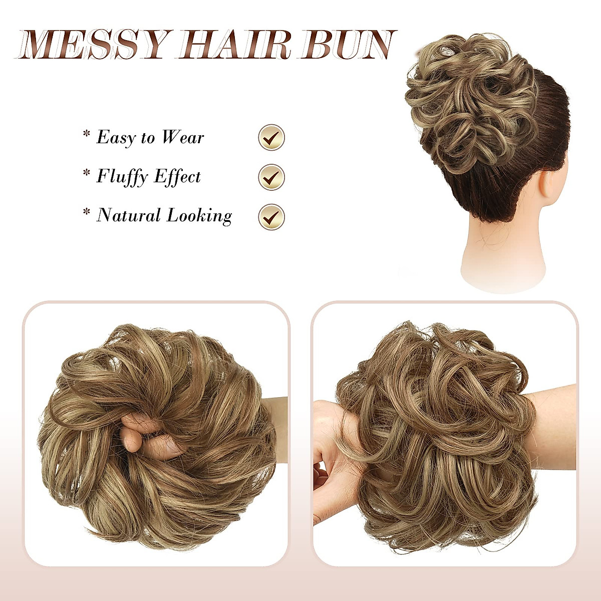 FESHFEN Messy Hair Bun Hair Pieces Wavy Curly Hair Bun Scrunchies Extensions Synthetic Chignon Hairpieces for Women Girls, Brown & Blonde 1 PCS