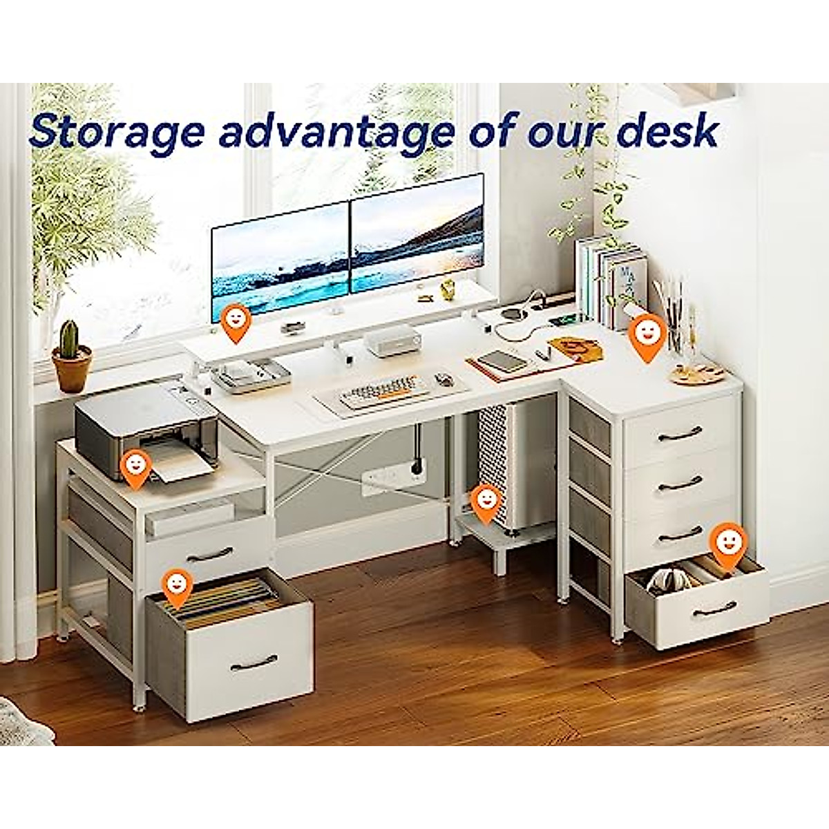 KKL Home Office Desk with File Drawer & 3 Power Outlets &2 USB Ports, 55'' L Shaped Desk with Storage Shelves, Printer Cabinet and Monitor Shelf, Computer Table Executive Desk Workstation, White