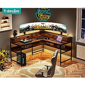 Tribesigns L Shaped Computer Desk with Monitor Stand and Storage Shelf, Rustic Large Corner Computer Desk, Gaming Table Workstation with Bookshelves for Home Office，54”L*47”W