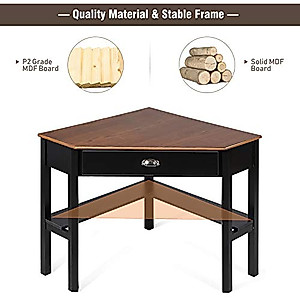 GOFLAME Computer Corner Desk, Wood Compact Home Office Writing Worstation with Drawer and Shelves, Laptop PC Corner Table for Small Space Home Office (Coffee)