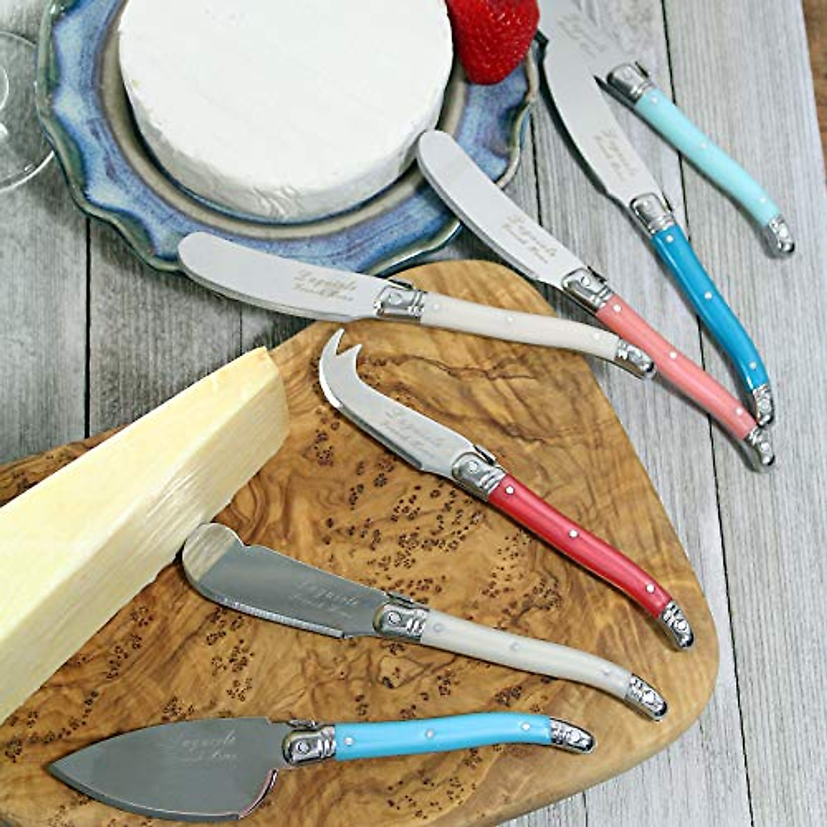 Laguiole 7-Piece Cheese Knife Set (Coral & Turquoise) Stainless Steel Cheese Knives Set, Cheese Spreader & Butter Knife Spreader, Luxurious Cheese Board Utensils & Charcuterie Knife Set for Parties