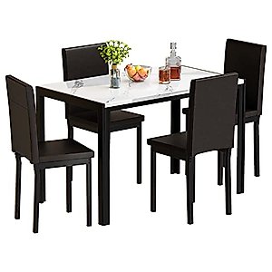 AWQM Dining Table Set for 4, Faux Marble Dining Room Table and Chairs Set, Rectangle Kitchen Table Set with Durable Metal Frame and Upholstered Chairs for Home, Kitchen, Restaurant, Apartroom - White