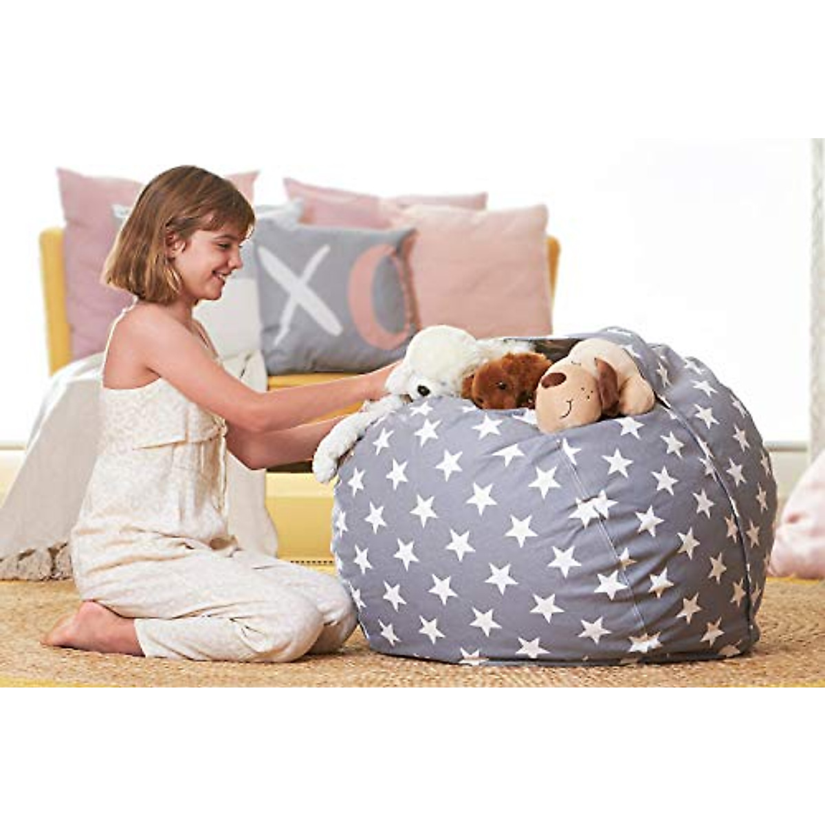 Aubliss Stuffed Animal Bean Bag Storage Chair, Beanbag Covers Only for Organizing Plush Toys, Turns into Bean Bag Seat for Kids When Filled, Large 38"-Canvas Stars Grey