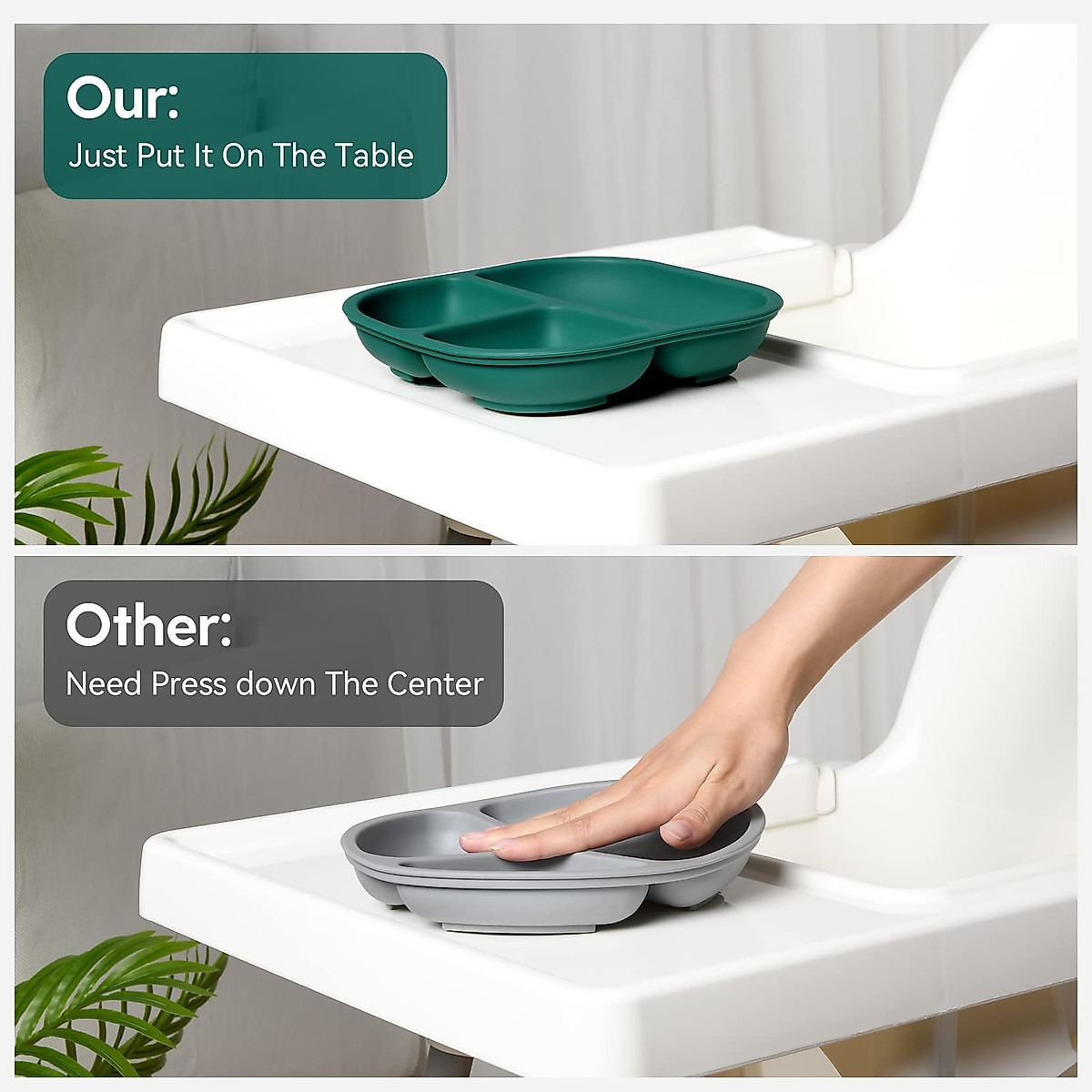 BABELIO Powerful Suction Plates for Baby and Toddler, 100% Food Grand Silicone Divided Baby Plates, BPA Free, Microwave & Dishwasher Safe, Stay Put with 4 Suction Cups, 3 Pack