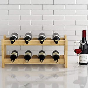 BAMEOS Wine Rack Free Standing 8 Bottle 2 Tier Bamboo Wine Racks Countertop Cabinet Wine Holder Wine Storage Shelf for Kitchen, Bar, Pantry, Wine Cellar, Basement, Countertop (16.85 L x 9.25W x 7H)