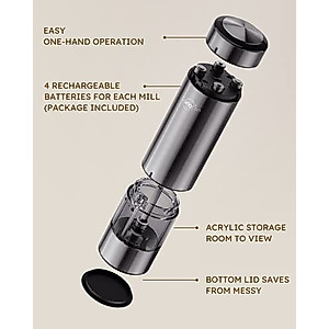 Sangcon Electric Salt and Pepper Grinder Set - USB Rechargeable - Automatic Black Pepper & Sea Salt Spice Mill - Adjustable Coarseness - One Hand Operation - LED Light Refillable - Metallic Gunmetal