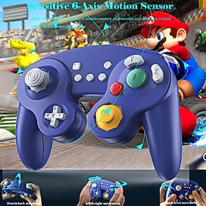 EXLENE Gamecube Controller Switch, Wireless Switch Pro Controller for Nintendo Switch/Lite/PC/Android/Ios/Steam, Support Wake Up, Motion, Adjustable Vibration, Turbo & Auto Turbo (Upgraded,Blue)