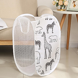 Handy Laundry Collapsible Mesh Pop Up Hamper Cartoon Animals Laundry Basket with Wide Opening and Side Pocket ¨C Breathable, Sturdy, Foldable, and Space-Saving Design (White)