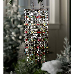 Wind & Weather Concentric Rings Silver and Multi-Colored Mirrored Outdoor Chandelier with Solar Lights Powered by Discreet Solar Panel in Top with Hanging Chain Included, 8½" Dia. x 29" H, Chain 9¼"L