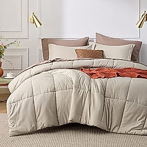 Bedsure Beige Queen Comforter Set - Beige Basket Weave Pattern Down Alternative Comforter Set Box Stitching Duvet Insert, Lightweight All Season Bedding Set with 2 Pillow Shams