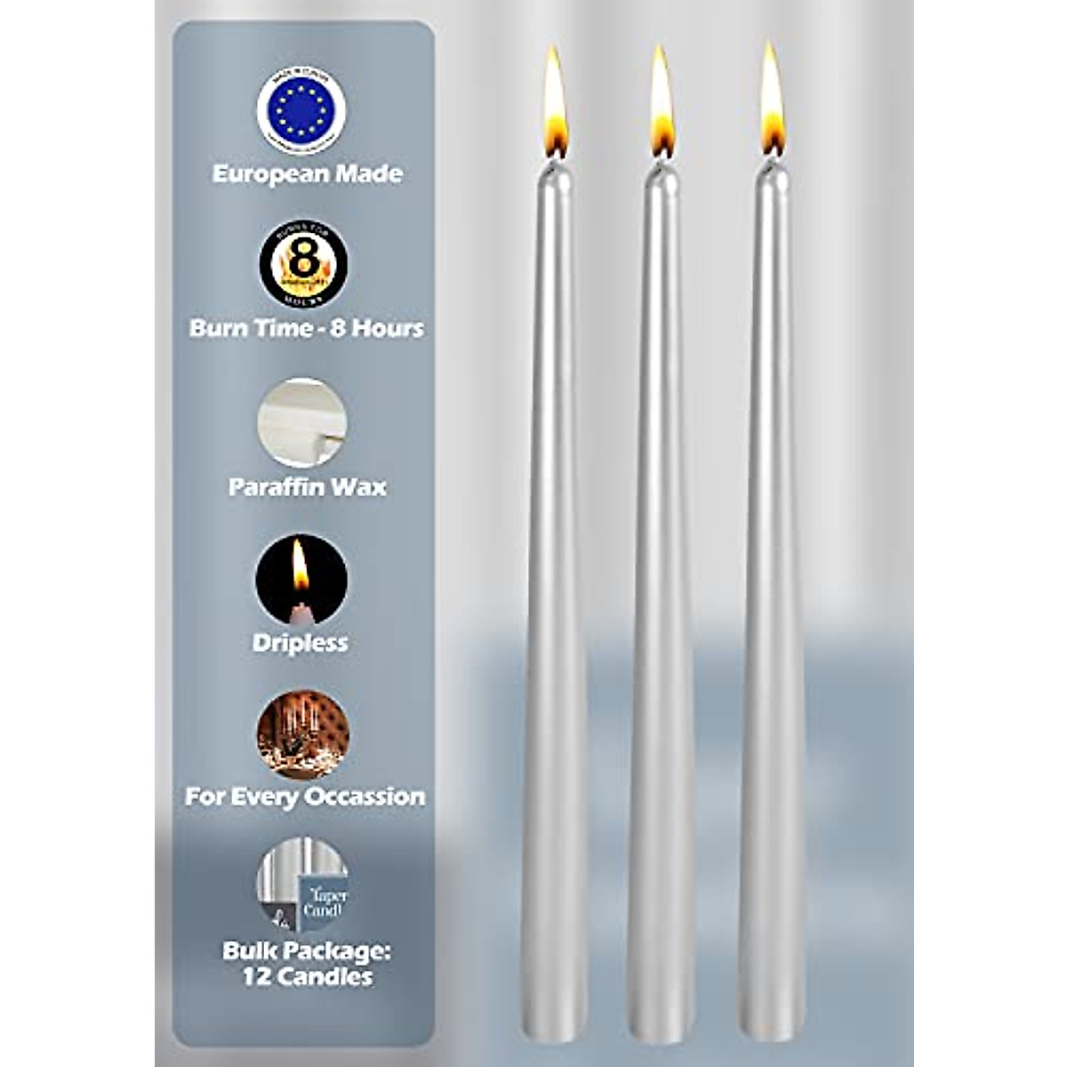 Hyoola 12 Pack Tall Metallic Taper Candles - 10 Inch Silver Metallic, Dripless, Unscented Dinner Candle - Paraffin Wax with Cotton Wicks