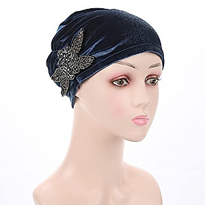 YiYi Operation Women's Stretch Velvet Turban Hat Cancer Chemo Beanie Beaded Flower Hair Wrap Cap Headwear (Gray)