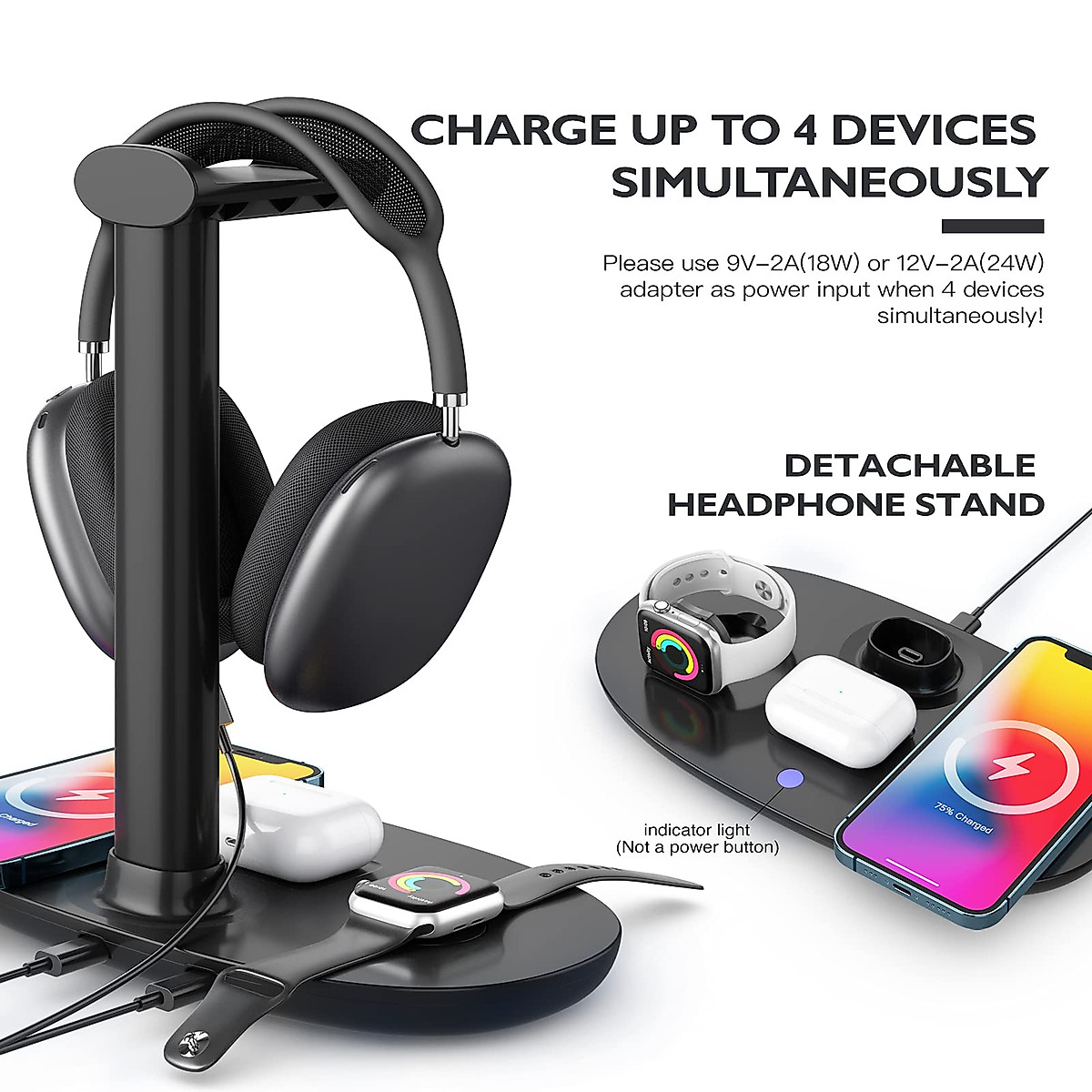 Headphone Stand with 15w Wireless Charger, Suguder 4 in 1 Charging Station Headset Holder for AirPods Max/Pro/4/3/2 iWatch 10/9/8/7/6/5/4/3/2/1/SE iPhone 16/15/14/13/12/11/X for Desktop Table Game