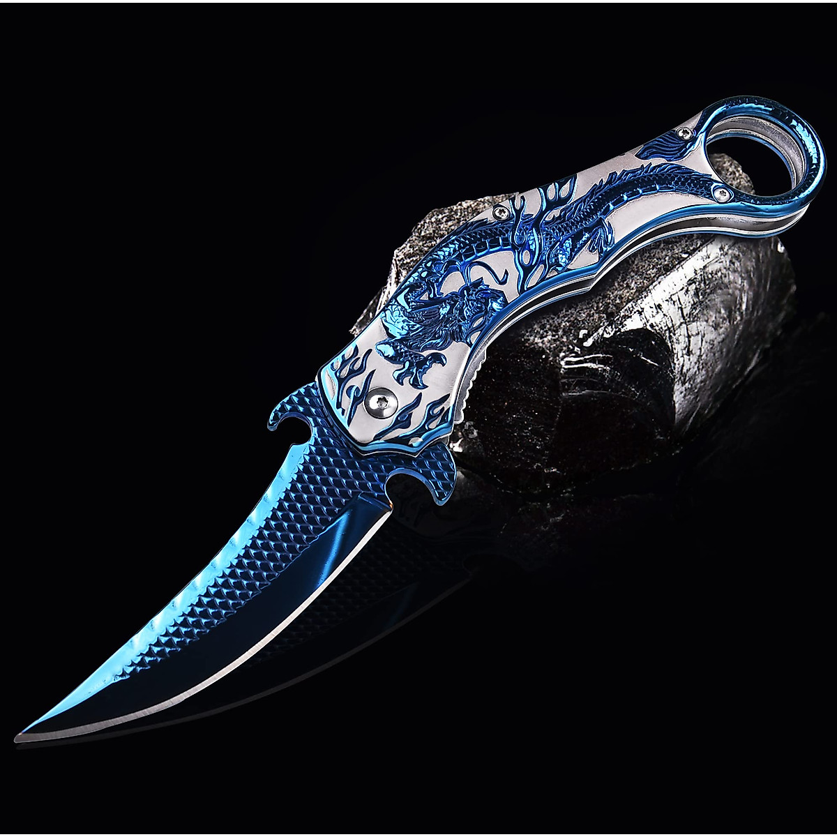 Vividstill Pocket Knife for Men, Cool Folding Knife With 3D Blue Dragon Relief, Great Gift Edc Knife For Men Outdoor Survival Camping Hiking