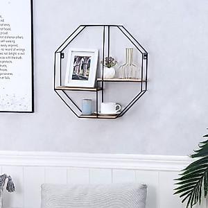 SPDELP Octagon Floating Shelf Wall Mounted Hanging Shelves, Wood Wall Storage