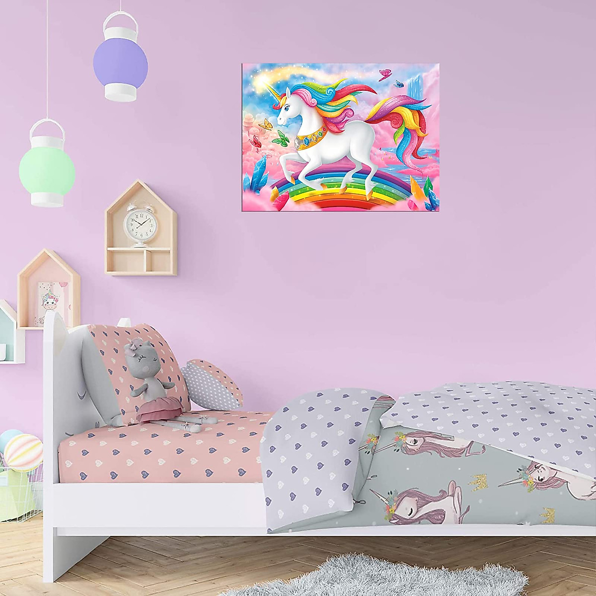 Unicorn Rainbow Wall Art Unicorn Decor for Girls Bedroom Pink Unicorn Painting for Kids Baby Nursery Cute Cartoon Unicorn Canvas Print Framed Artwork Birthday Gifts for Daughter Ready to Hang 16"x12"