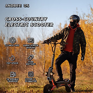 ANDBEE Electric Scooter Adult, 12-inch Road Tires with Seat Sports Scooter, 5000W Dual Motor High Power Dual Drive 50MPH, 48V35AH Range 75Miles Removable with Password Lock Battery Electric Scooter