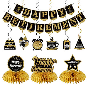 Happy Retirement Party Decorations Kit for Women Men, Black Gold Retirement Banner Honeycomb Centerpieces Swirls Party Supplies, Retirement Banner Ceiling Table Topper Swirls for Indoor Outdoor