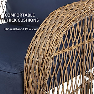 W WARMHOL 2-Person Outdoor Glider Bench Patio Double Swing Rocking Chair with Glass-Top Coffee Table, Patio Glider Wicker Porch Loveseat Seating Patio Steel Frame Chair Set with Cushion, Navy Blue