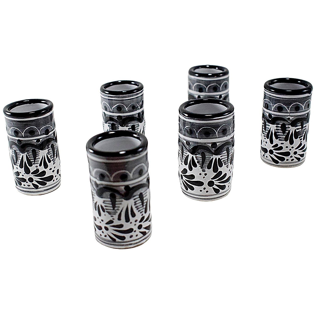 MAREY Mexican Pottery Shot Glasses | Talavera Poblana | Talavera Pottery | Set of 6 Pieces | 100% Handmade | Tequila Cups (Black & White, 2 Oz.)