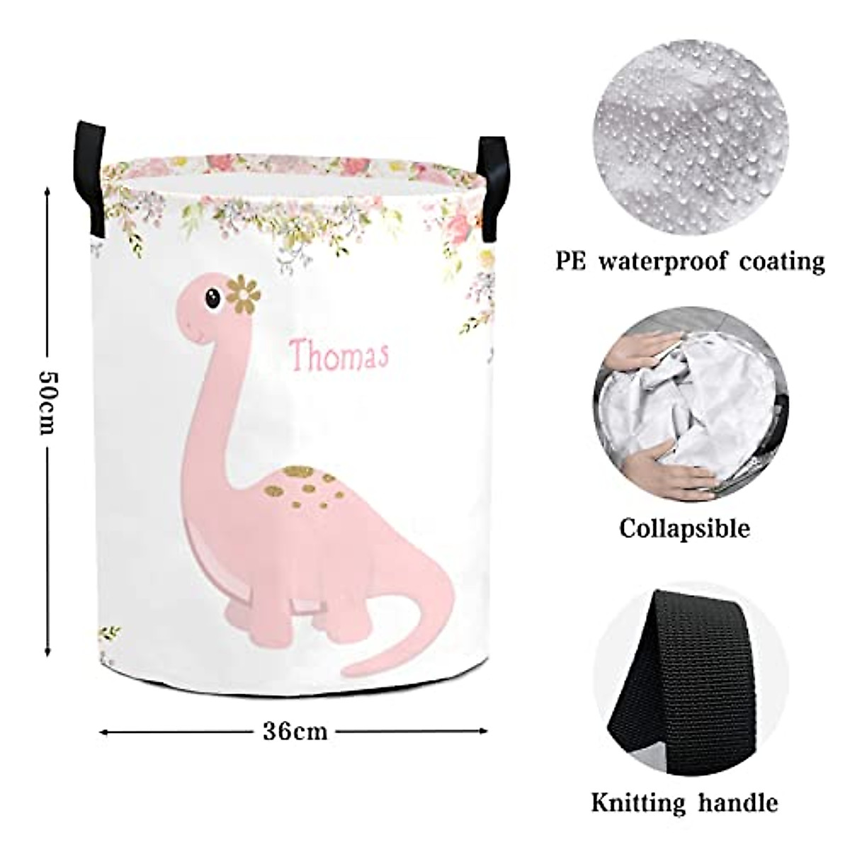 Pink Floral Girl Dinosaur Personalized Laundry Hamper ,Custom Name Collapsible Waterproof Laundry Basket Storage Bins with Handle for Clothes,Toy,Nursery