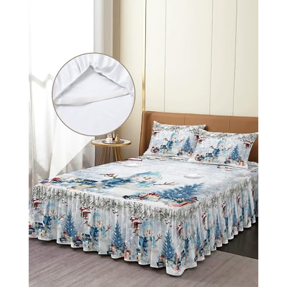 AMZRicher Snowman Wrap Around Pleated Bed Skirts for Queen Bed 60x80, Decorative Dust Ruffle Bed Sheet & Bedskirt 18'' Drop Bedspread with Pillow Case 20x30 Christmas Winter Farmhouse Ball Snowflake