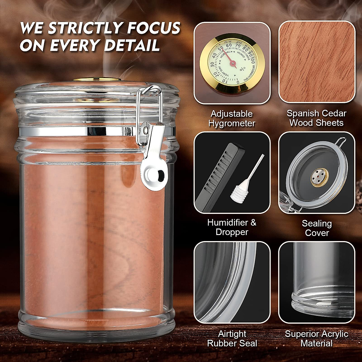 XIFEI Acrylic Humidor Jar with Humidifier and Hygrometer,humidor That can Hold About 18 Cigars (Clear)