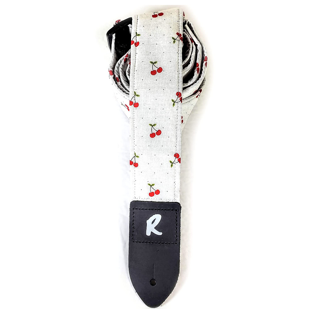 Cherry Guitar Strap, Cherries on White, Genuine Leather Ends, Includes 2 Strap Locks & 1 Pick. Adjustable Strap, Pick Pocket, For Bass, Electric & Acoustic Guitars Gift for Guitar Players, Women & Kid