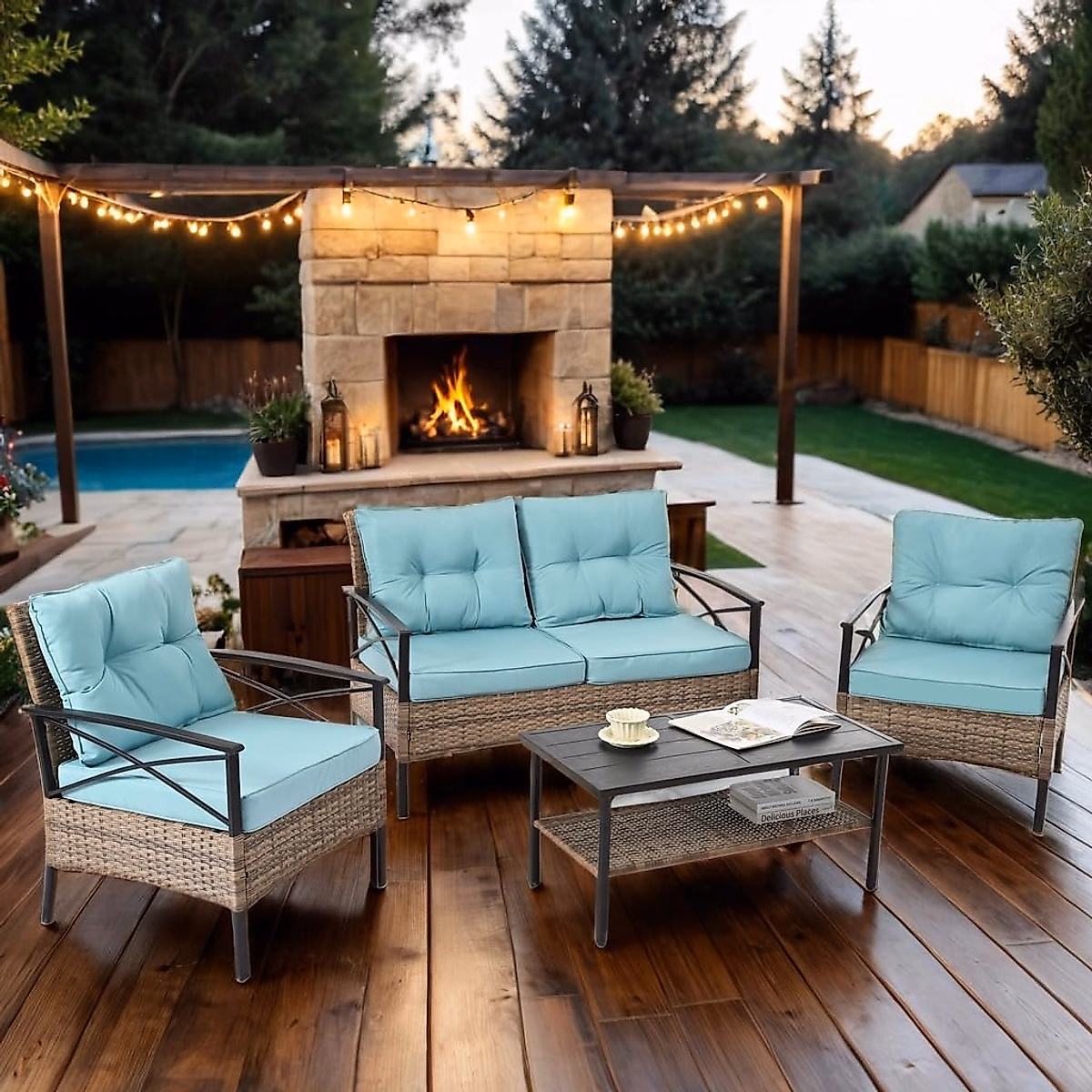 YIORTWO 4 Piece Patio Furniture Set Outdoor Conversation Furniture Sets, Wicker Patio Sectional Furniture with Waterproof Cushions and Coffee Table for Garden Poolside Balcony Porch, Blue