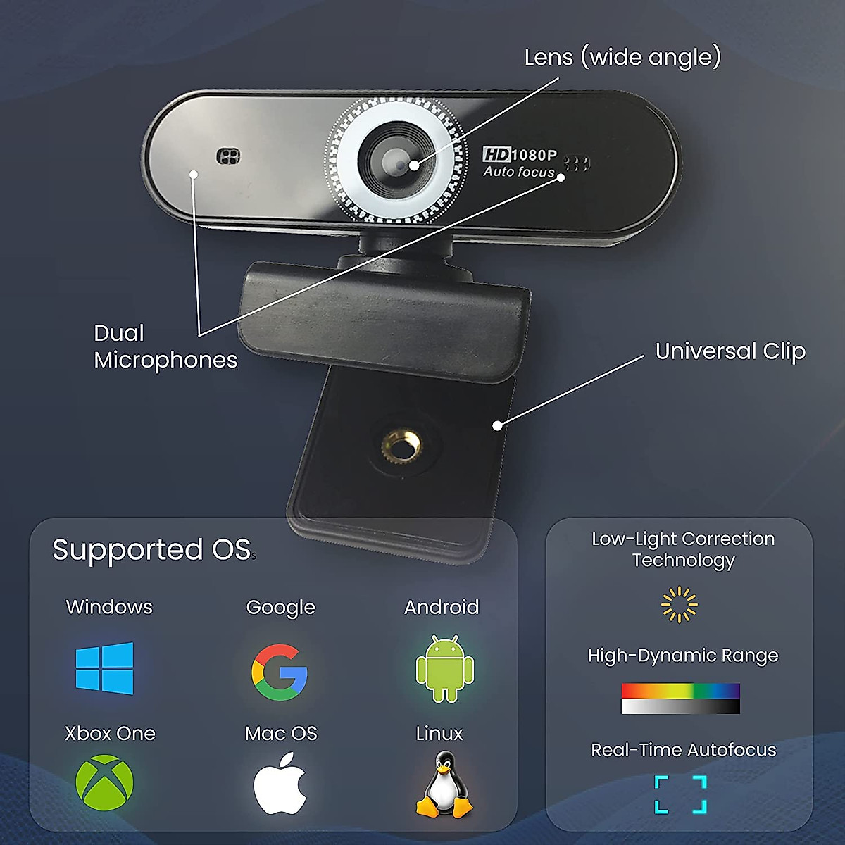 AZULLE 1080p Full HD Webcam – Computer Desktop or Laptop Streaming Camera, Real-Time Video Recording with Autofocus and Dual Noise Cancelling
