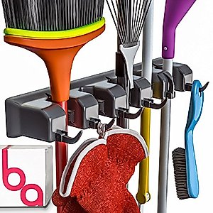 Berry Ave Broom Holder & Wall Mount Garden Tool Organizer - Home Laundry Room, Kitchen, Closet, Shed, Garage Organization and Storage Utility Rack - 5 Slots & 6 Hooks -Rake, Shovel, Mop Hanger (Black)