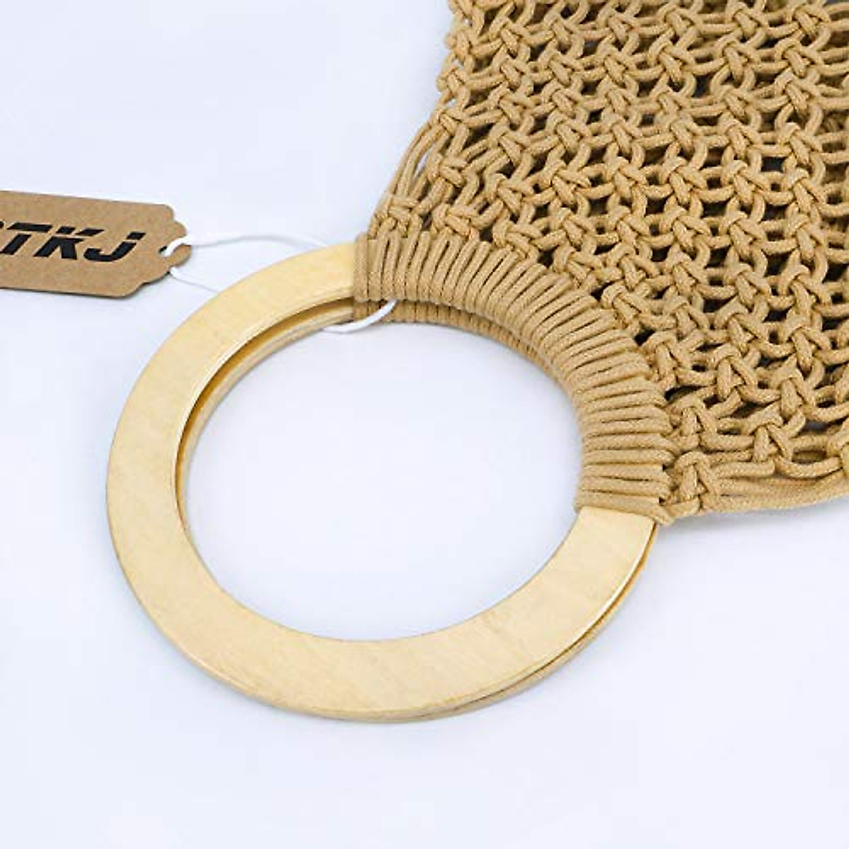 QTKJ Boho Women's Summer Beach Straw Crochet Bag Hollow Out Hand-Woven Cotton Tote Bag Purse with Wooden Round Handle (Khaki)