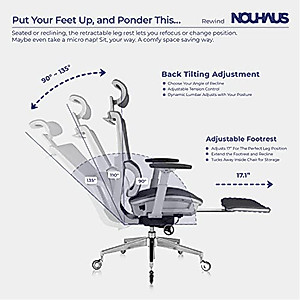 Nouhaus Rewind Ergonomic Office Chair with Footrest and Lumbar Support. Swivel Computer Chair, Rolling Home Office Desk Chairs with Wheels, Mesh High Back Task Chair, Comfortable Office Chair (Grey)