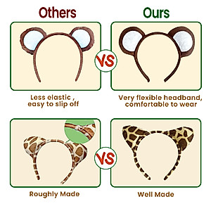 Flying Childhood 16Pcs Jungle Animal Ears Headbands as Safari Party Favors Wild One Birthday Decorations Plush Animal Headpiece for Kids Adults